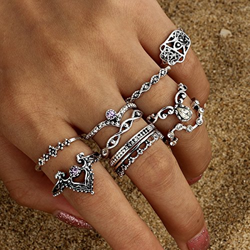 50Pcs Boho Knuckle Rings Set Turquoise Gemstone and Crystal Vintage Stackable Finger Rings Midi Ring for Women Hollow Carved Flowers Gold&Silver Ring Crystal Joint Rings