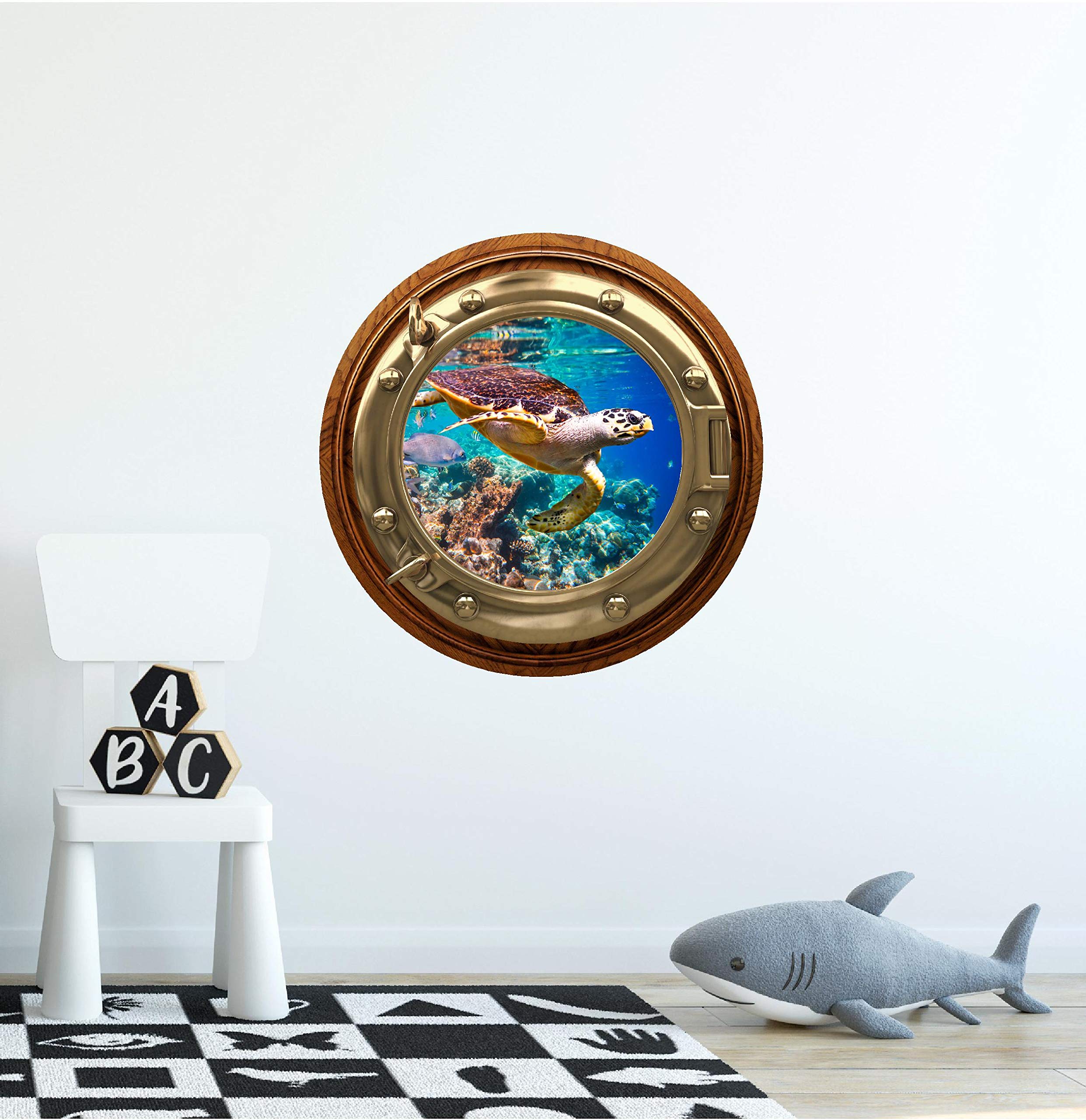 Port Scape Coral Reef Hawksbill Sea Turtle Porthole Brasswood Window Wall Decal Vinyl Sticker Ocean Fish Under Water Sea Life 12 inch