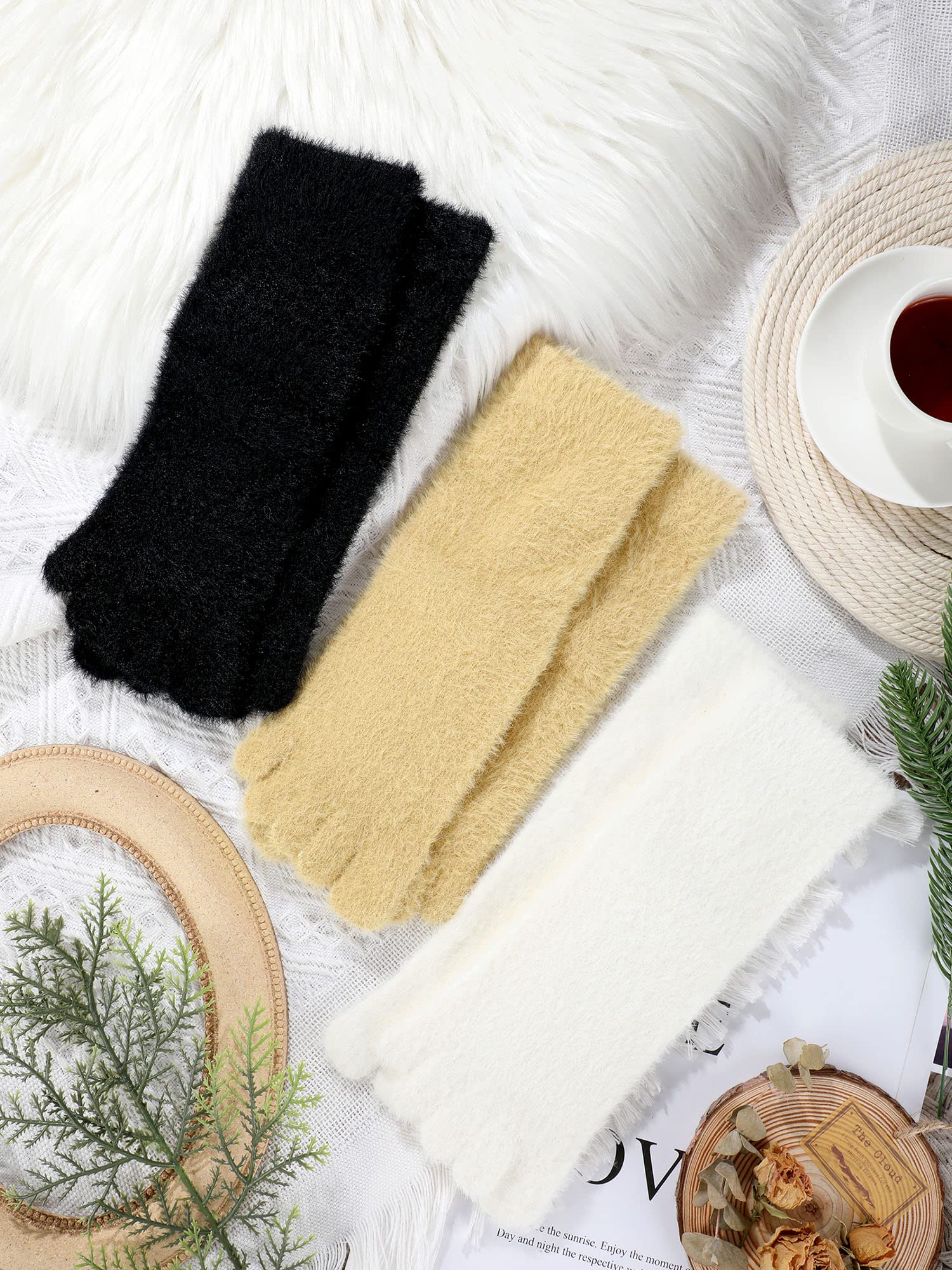 3 Pairs Women Toe Socks Fuzzy Toe Socks Warm Winter Toe Socks Five Toe Socks for Women Men, Size 5-8(Black, White, Beige)