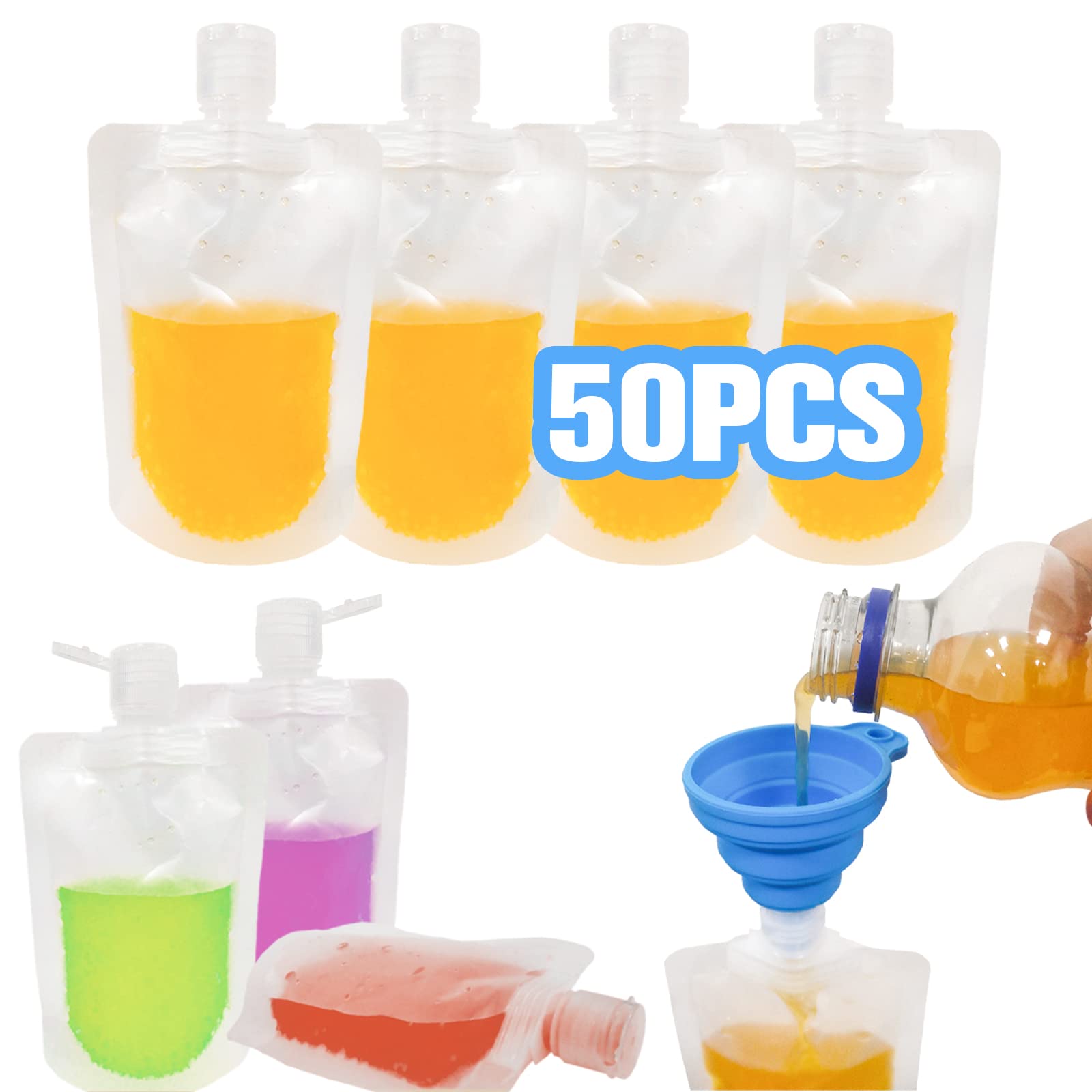 50PCS Disposable Drink Pouches, 100ml Clear Liquor Pouches for Adults Juice Pouches with Small Suction Nozzle for Children, Plastic Liquid Bags for Cold Drinks
