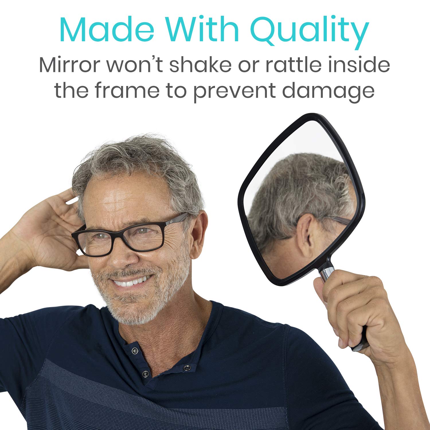 Vive Hand Mirror - Handheld Mirror with Handle - Extra Large Travel Portable Design - Makeup Mirror, Hair, Bathroom, Shaving, Barber - Vanity for Women, Men with Paddle Handle - Black Plastic Tool