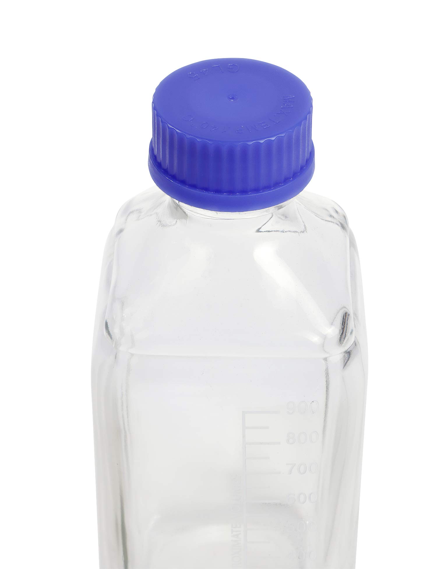 Moonetto 4 Pack 1000mL Graduated Square Media/Storage Glass Bottle With GL45 Blue Polypropylene Screw Cap