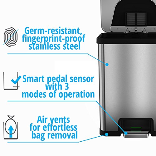 Halo TapCan 13 Gallon Effortless Trash Can with One-Tap Pedal Sensor and Odor Control System and AC Adapter-Stainless Steel with Black Trim