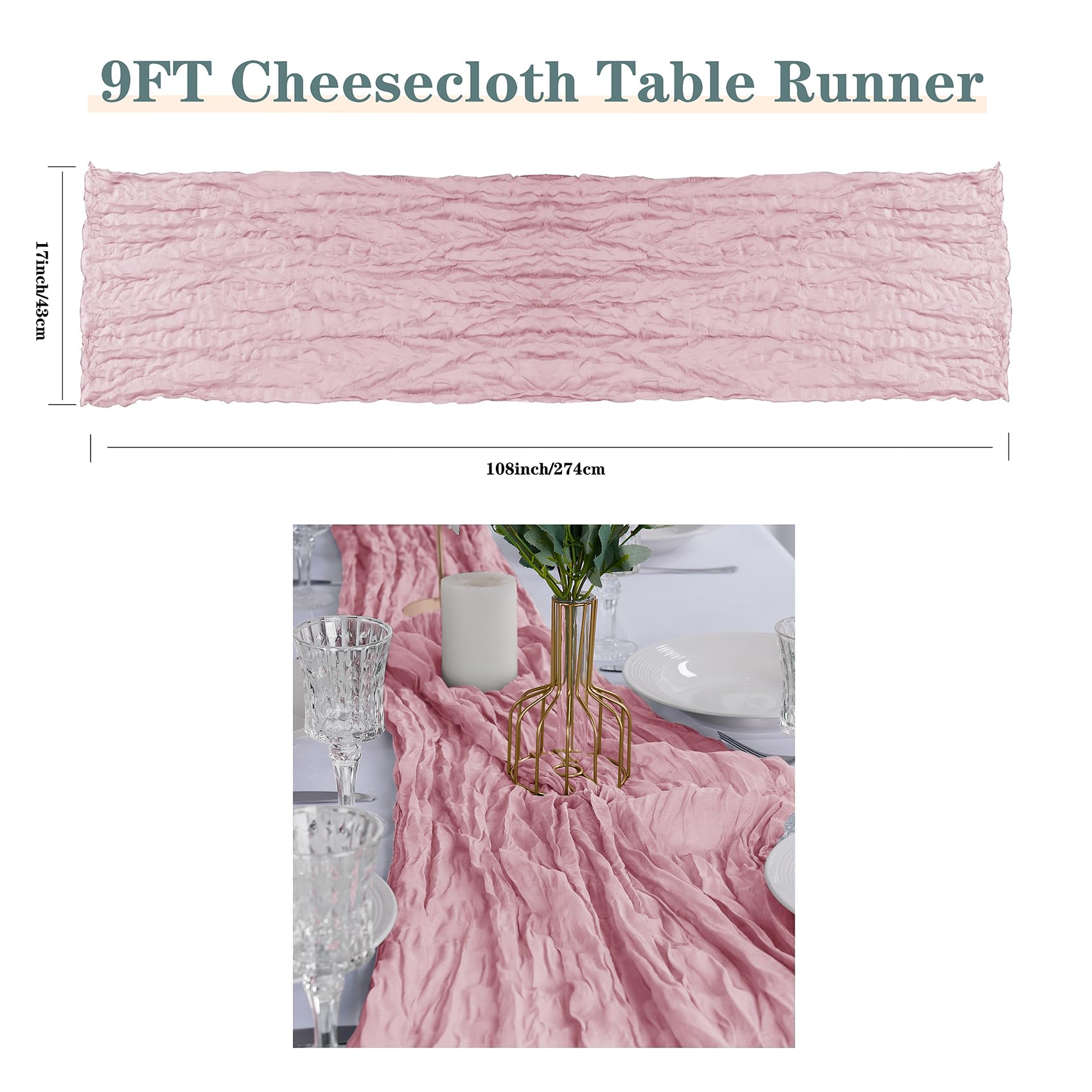 flohar 6 Pack Pink Cheesecloth Table Runner 9ft,17 x 108 inch Gauze Table Runners Rustic Romantic Wedding Runner for Wedding Bridal Shower Fall Decoration