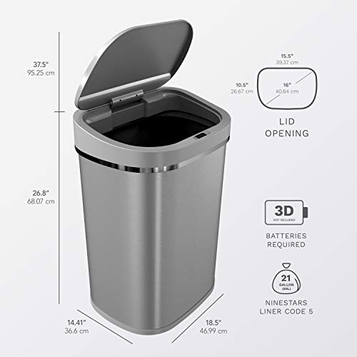 NINESTARS DZT-80-35 Automatic Touchless Infrared Motion Sensor Trash Can, 21 Gal 80L, Heavy Duty Stainless Steel Base (Oval, Silver/Brush Lid) Trashcan, SS