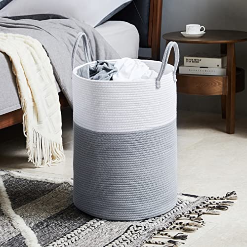 Cotton Rope Laundry Hamper by YOUDENOVA, 58L - Woven Collapsible Laundry Basket - Clothes Storage Basket for Blankets, Laundry Room Organizing, Bedroom Storage, Clothes Hamper β Grey & White