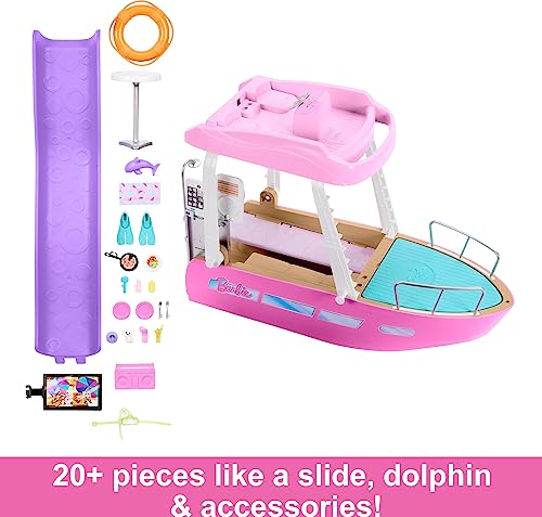 Barbie Toy Boat Playset, Dream Boat with 20+ Pieces Including Pool, Slide & Dolphin, Ocean-Themed Accessories