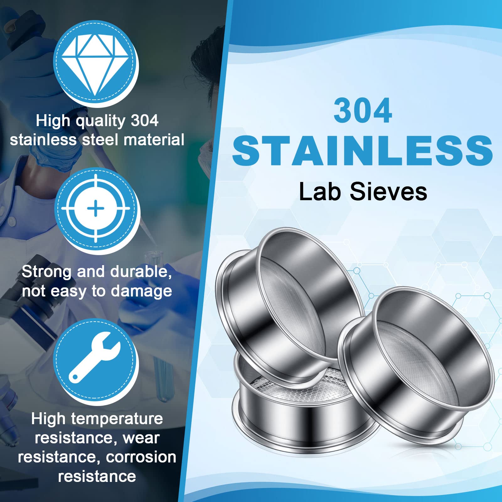 3 Pcs 304 Stainless Lab Sieves 4 Inch Diameter Test Sieve 200 Mesh 0.074 Mm, 50 Mesh 0.355 Mm, 10 Mesh 2 mm Aperture Mesh Sieve for Industrial Laboratory Sifting