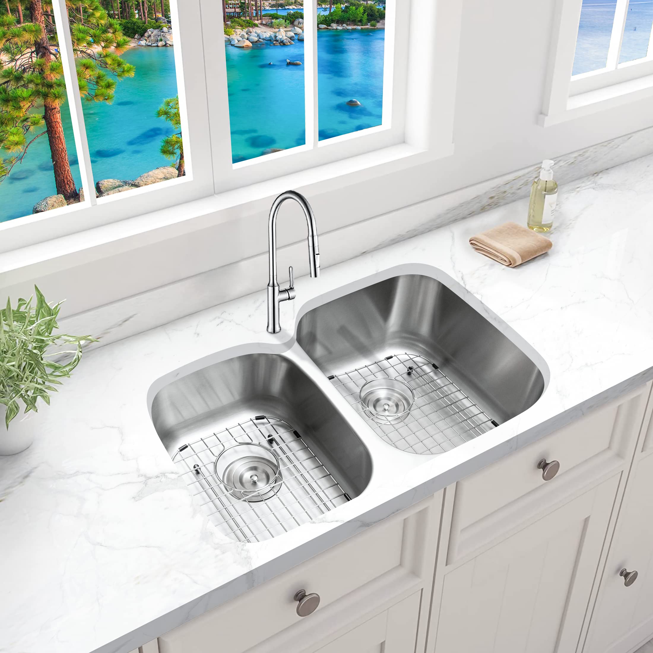 KABCO 32 Inch Double Bowl Stainless Steel Classic Kitchen Sink with Sink Strainers, Removable Garbage Baskets and Sink Grids Sound and Heat Proof 18 Gauge Undermount 40/60 Bowl Swirl Finish Sink