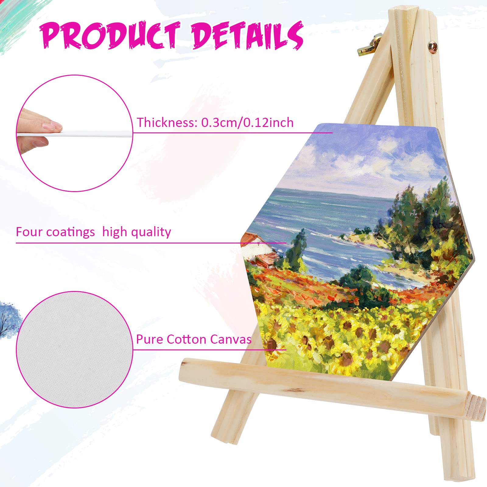 36 Pcs Canvases for Painting Kids 2 Mini Easels Blank Hexagon Round Triangle Shape Painting Canvas Stretched White Panels Canvas Boards for Arts (6 Inch)