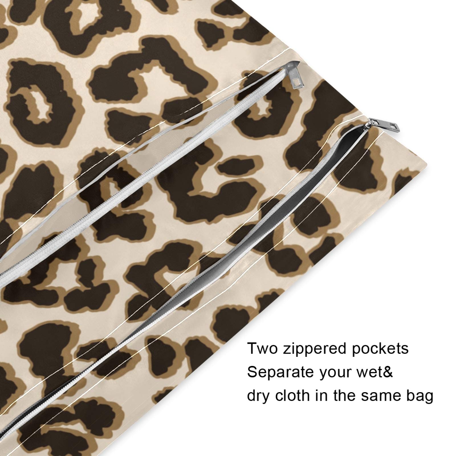 Qilmy 2pcs Leopard Wet Dry Bag Waterproof Reusable Baby Cloth Diaper Wet Dry Organizer for Travel, Beach, Stroller, Diapers, Wet Swimsuits, Toiletries