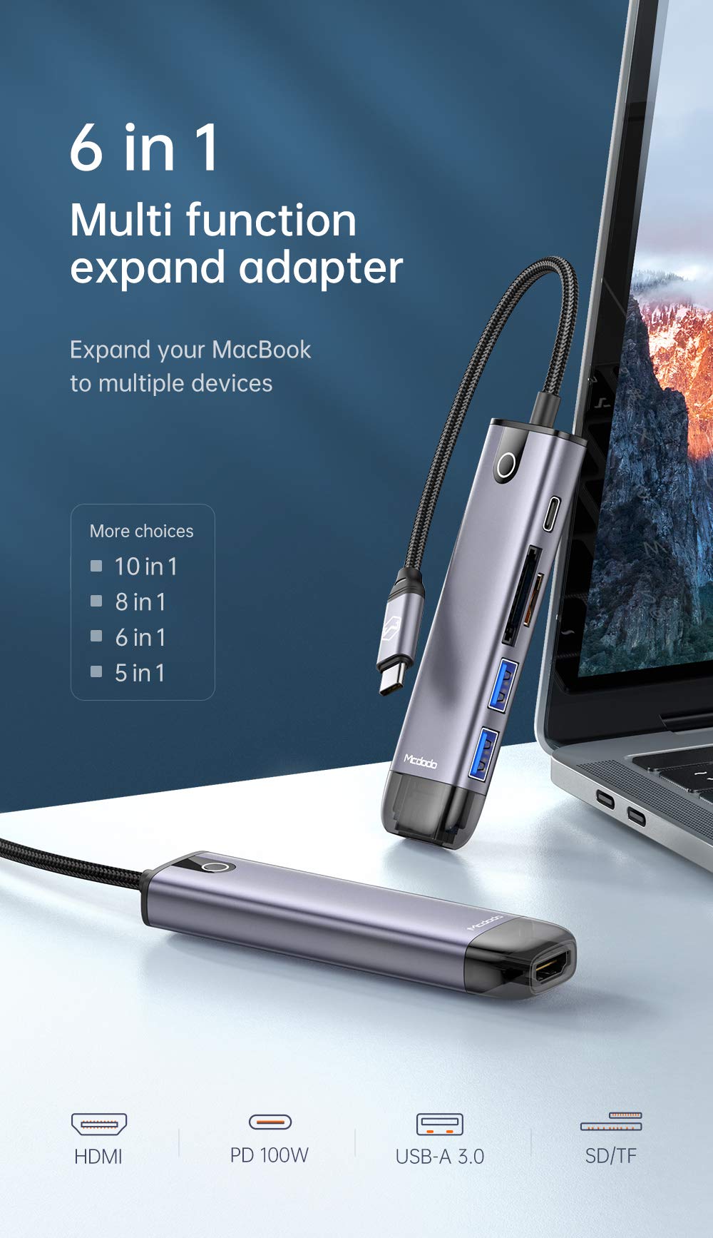 Mcdodo USB C Hub Adapter, 6 in 1 Type C Hub with 4K USB C to HDMI, 2 USB 3.0 Ports, SD/TF Card Reader, 100W USB C PD Charging Thunderbolt 3, Compatible with MacBook Pro Air, Chromebook Pixel, Phone