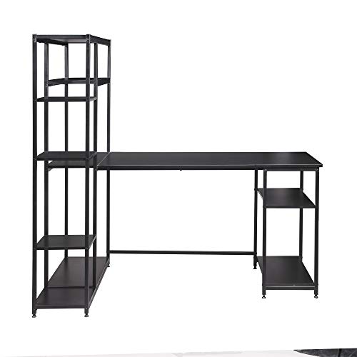 Modern Luxe L-Shaped Corner with Bookshelf 2-Pieces Computer PC Table Set Home Office Desk with Shelves, Black