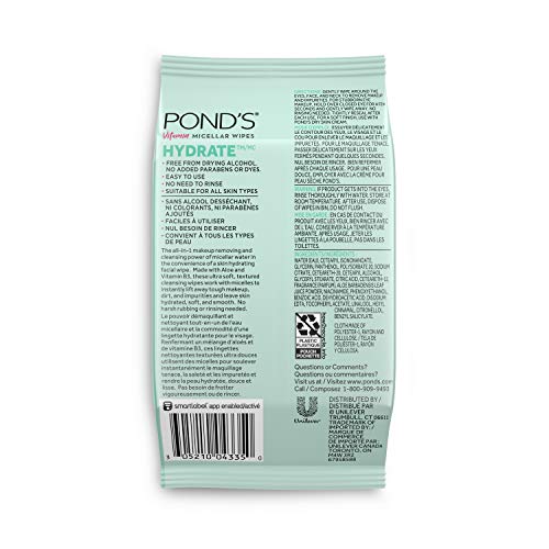 POND'S Vitamin Micellar Makeup Remover Wipes for Dry Skin, Skin Care Hydrating Aloe Vera Daily Face Wipes Remove Dirt, Waterproof Makeup, 25 Count, 4 Pack