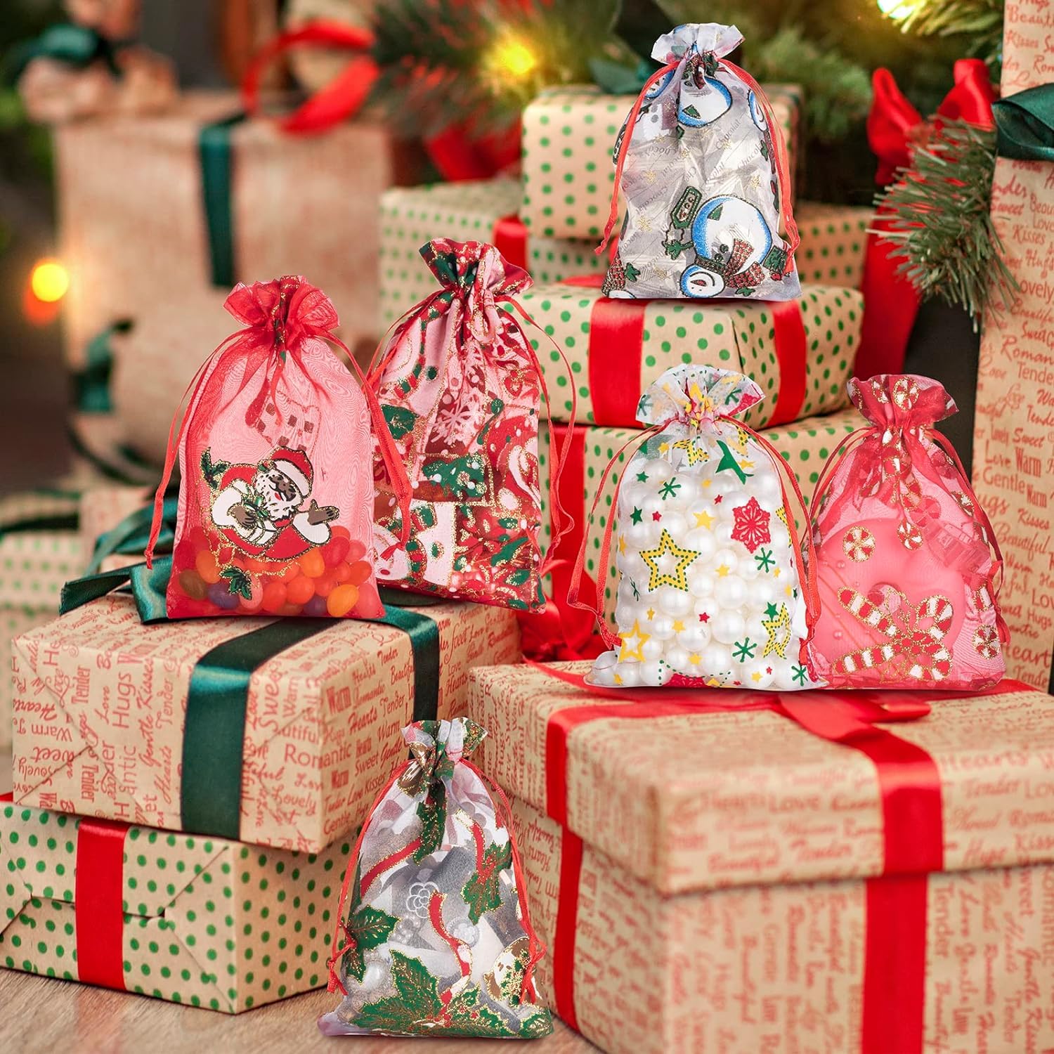 GoClimber 50 PCS 4x6 Inches Mixed Color Christmas Organza Gift Bags with Drawstring, Jewelry Candy Bags for Christmas