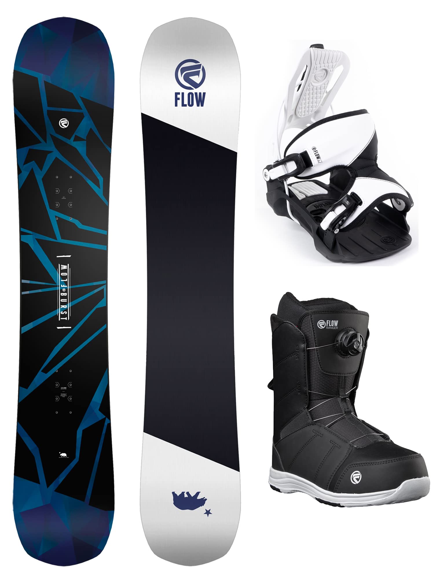 2021 FLOW Men's Burst Wide Snowboard Package Alpha White Bindings BOA Boots (156 Wide Snowboard, Boot Size 11)
