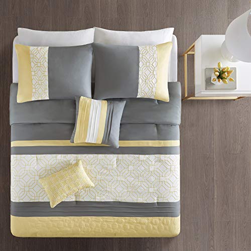510 DESIGN Cozy Comforter Set - Geometric Honeycomb Design, All Season Down Alternative Casual Bedding with Matching Shams, Decorative Pillows, Full/Queen (90"x90"), Yellow/Grey 5 Piece