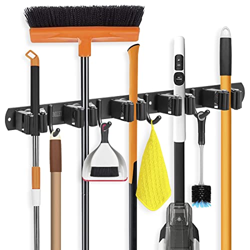 IMILLET Broom Holder Wall Mount, Broom Holder Stainless Steel Heavy Duty Garage Organization Broom Organizer Wall Mount Self Adhesive Laundry Room Organization and Storage(5 Racks and 4 Hooks)