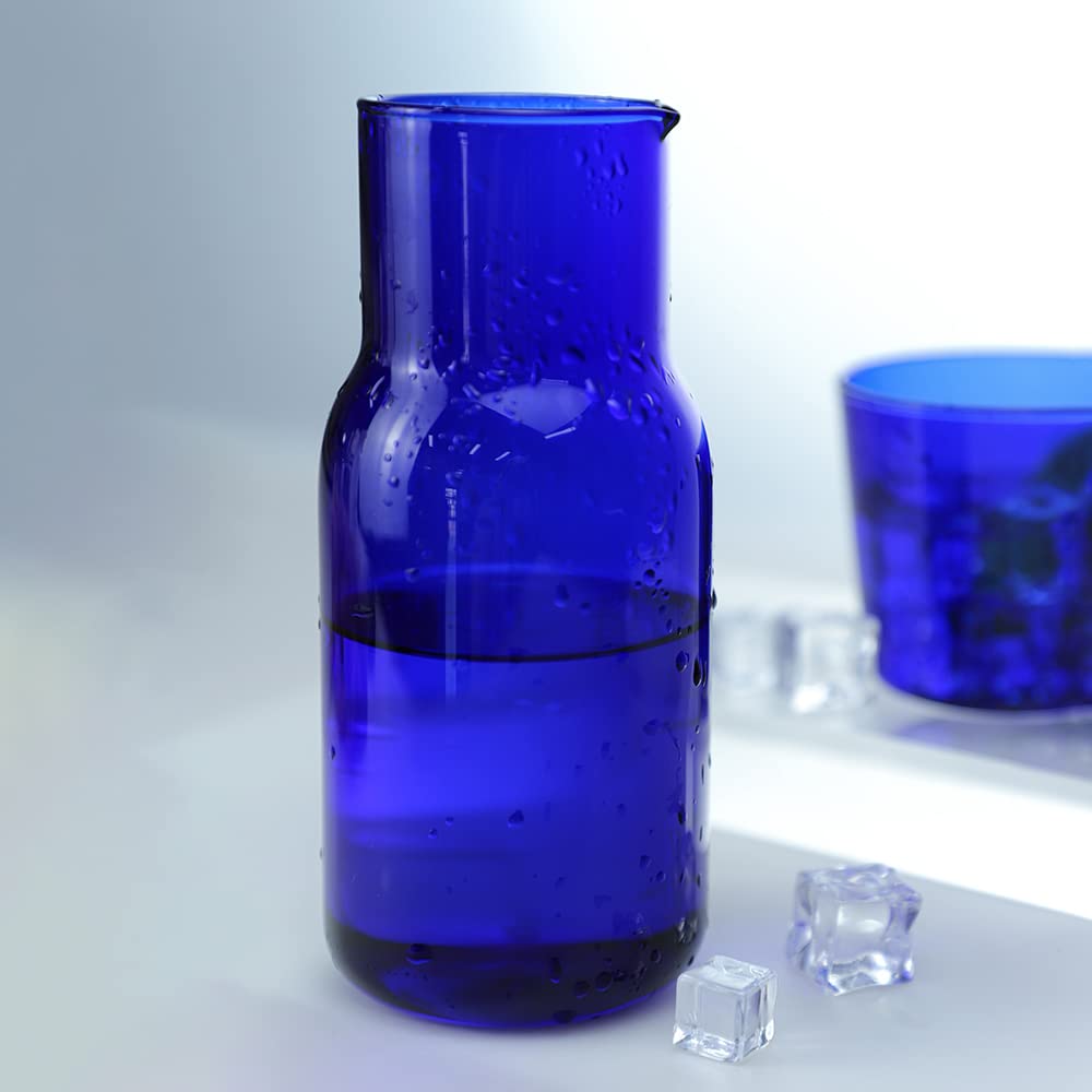 Sizikato 15 Oz Dark Blue Glass Bedside Night Water Carafe with Tumbler Glass.