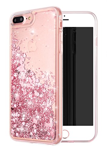 iPhone 7 Plus Case, iPhone 8 Plus Case, WORLDMOM Double Layer Design Bling Flowing Liquid Floating Sparkle Colorful Glitter Waterfall TPU Protective Phone Case for Apple iPhone 7 Plus,Rose Gold
