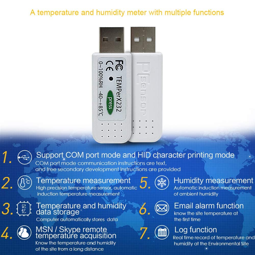 PCsensor USB Temperature Humidity Meter Monitor Indoor Outdoor Thermometer Humidity Automatic Induction Measure Recorders Data Acquisition Loggers Ambient Humidity Storage Long-Range (TEMPerX232)