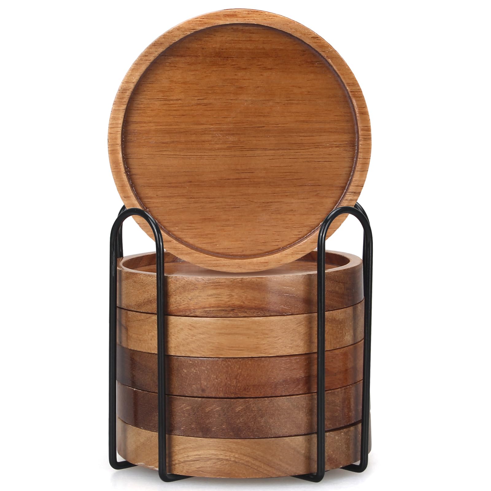 6 Pcs Best Wooden Coasters with Holder Coffee Table Coasters for Drink Acacia Wood Coaster Set Modern Cup Coasters Cute Beer Coaster Bar Coasters Decorative Beverage Rustic Outdoor Coasters