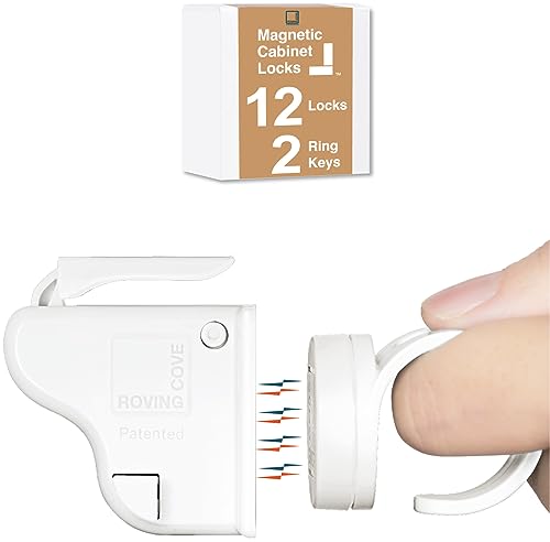 Roving Cove Ergonomic Magnetic Cabinet Baby Locks 12-pk, Child Proof Drawer Cupboard Latches, Adhesive, Easy Install with Starter Tape System