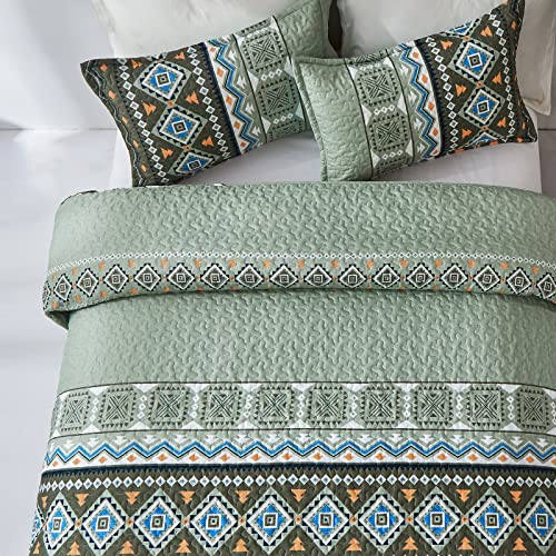 Boho Quilt Set King,3 Piece Olive Green Bedspread Coverlet Set with Geometry Printed for All Season, Lightweight Oversized Bohemian Bedding Set 104"×90"