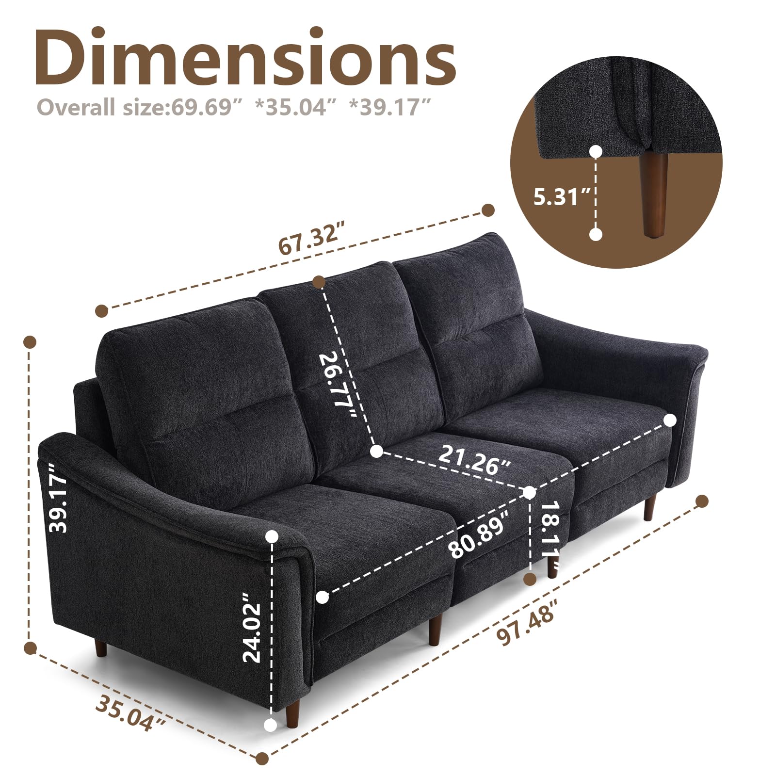 ABAKAN Modern 3-Seat Modular Sectional Sofa Couch,Chenille Sofa Comfy Upholstered Furniture for Small Spaces, Living Room, Apartment, Studio, Office, Grey
