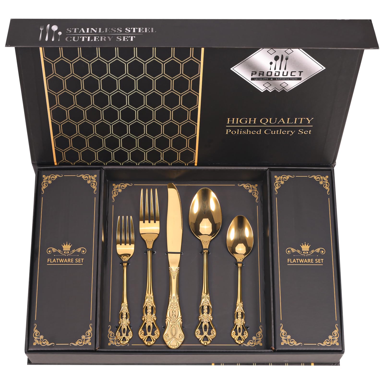 Retro Royal Gold Silverware Set With Gift Box For 8 Cutlery Set Utensils Stainless Steel Flatware 40 Pieces MIKIWAY Kitchen Tableware Set For Gifts Festive, Dishwasher Safe, Mirror Polishing