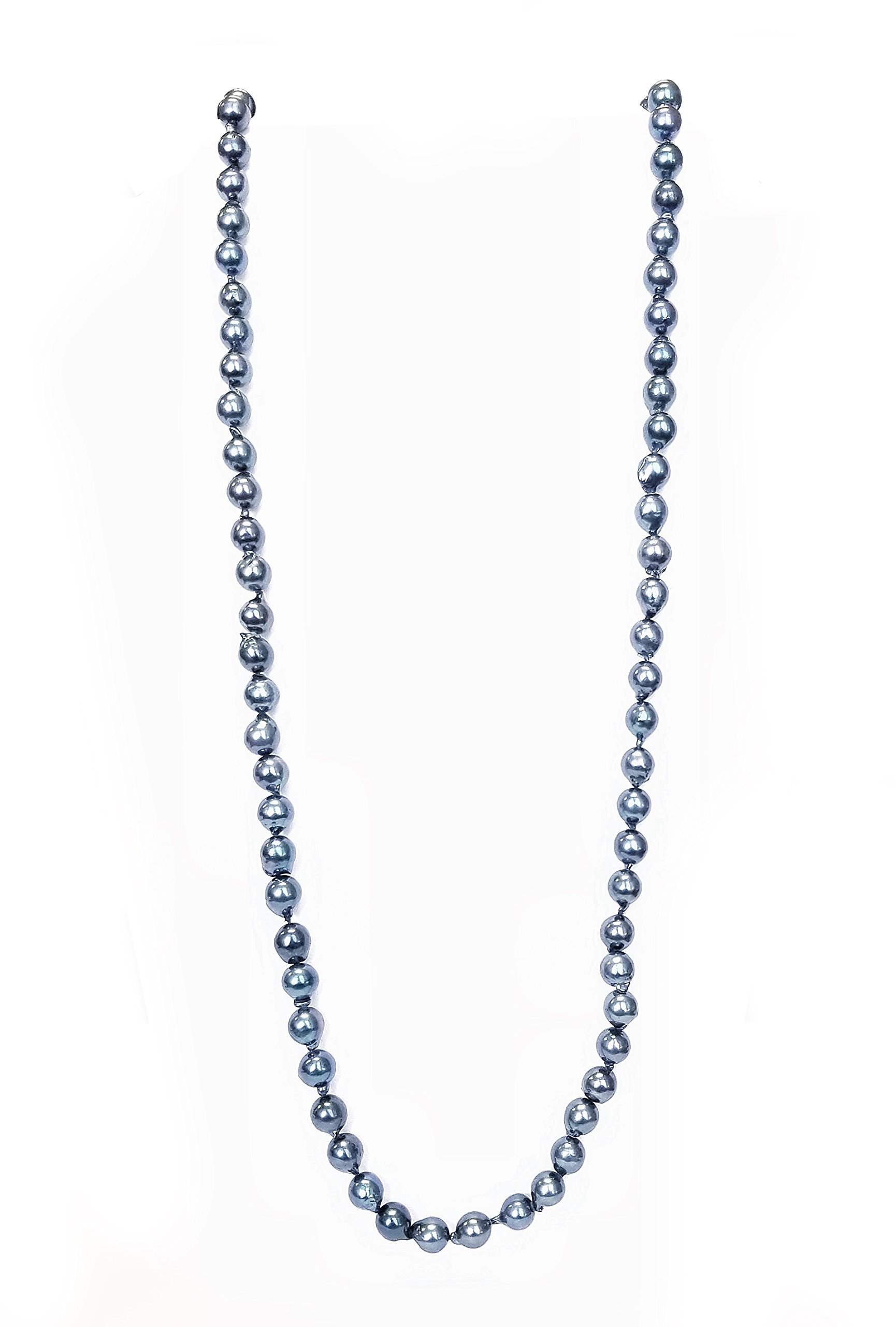 36" 7-8mm black akoya cultured semi baroque pearl necklace .925 sterling silver