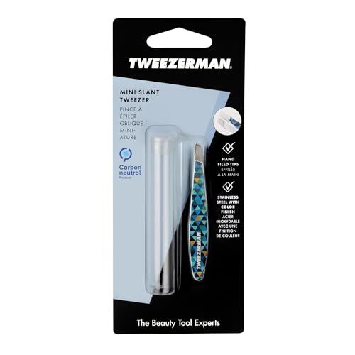 Tweezerman Mini Slant Tweezer - Tweezers for Eyebrows, Travel Tweezers for Eyebrows, Facial Hair, Ingrown Hair (Geometric Pattern)