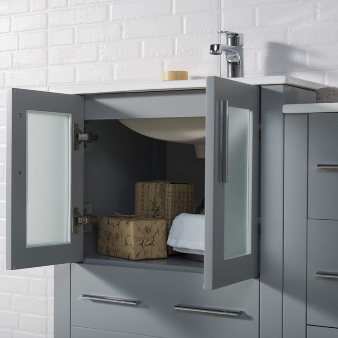 60 Inches All Wood Double Ceramic Sink Bathroom Vanity with Side Cabinet, 001 60 15 C (Double Ceramic Top, Metal Grey)