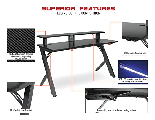 OSP Home Furnishings Area51 Battlestation Gaming Desk with Bluetooth RGB LED Lights, Matte Black