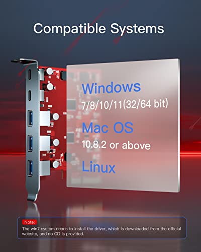 Inateck PCIe to USB 3.2 Gen 2 Card with 20 Gbps Bandwidth, 3 USB Type-A and 2 USB Type-C Ports, RedComets U21