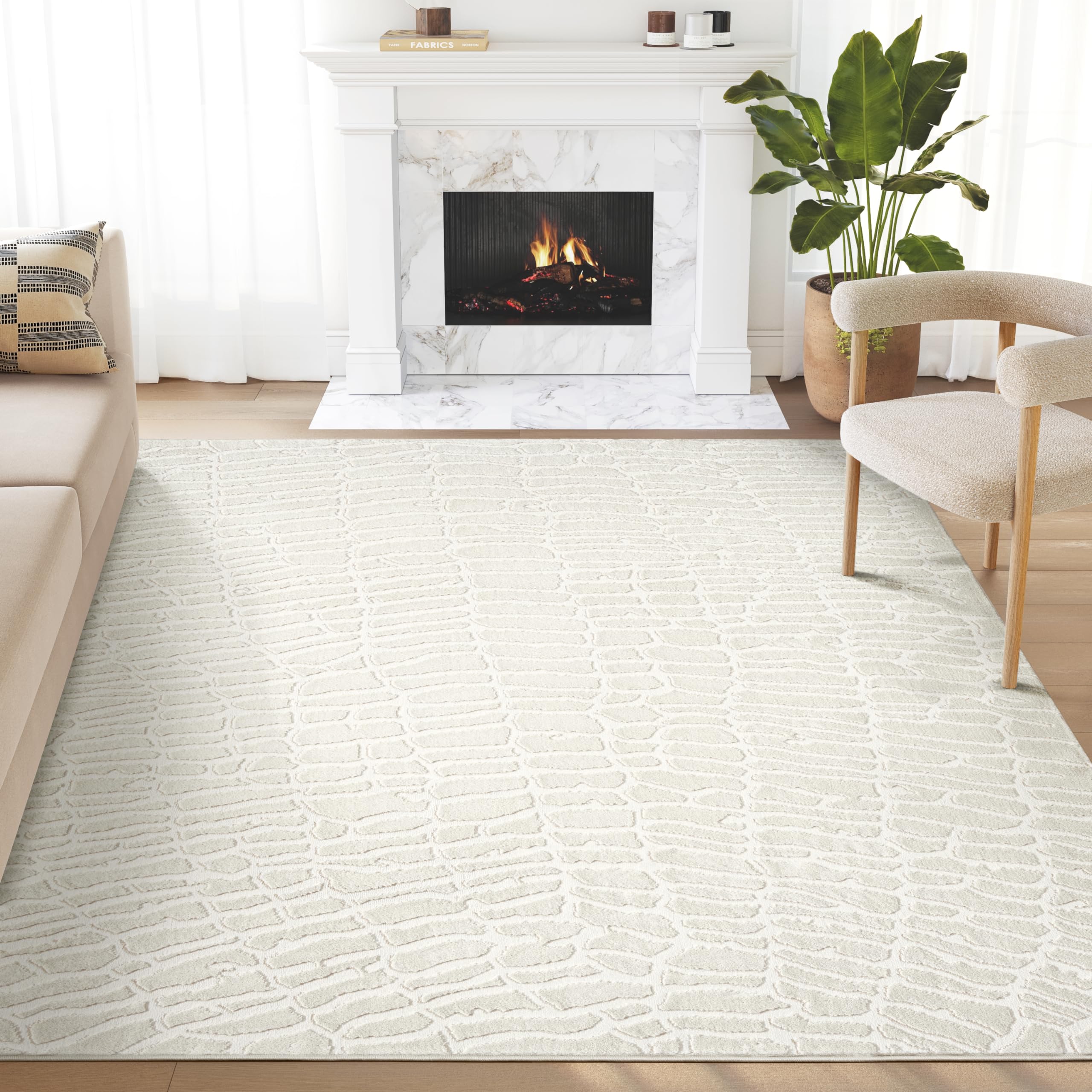Abani Cream Area Rug for Living Room, Bedroom - Pebble Pattern - 8 x 10 - Durable & Easy to Clean