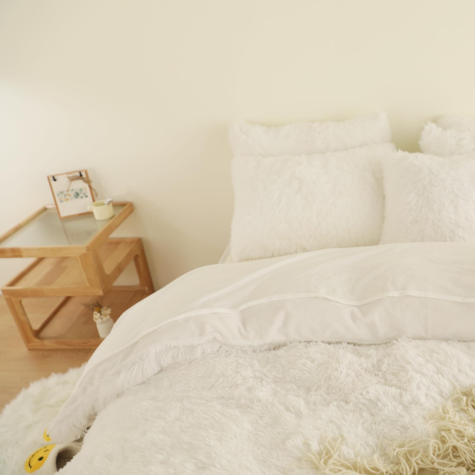HAIHUA Faux Fur Plush White Comforter Cover Queen Set 9 Pieces,Shaggy Luxury White Bedding Set, Soft Fluffy Bed Sets Full Queen with Duvet Cover and Sheets (White, Full/Queen)