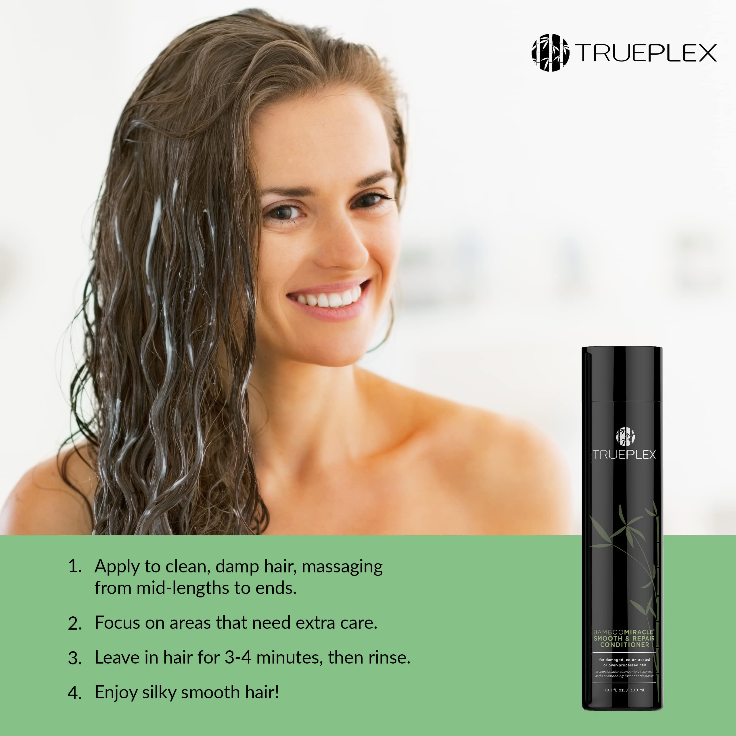 Trueplex KERATHERAPY Bamboo Miracle Smooth & Repair Conditioner, 10.1 oz., 300 ml - Vegan Formula Damaged, Frizzy, & Dry Hair - Hydrating & Smoothing with Grape Seed, Baobab, & Bamboo Extract