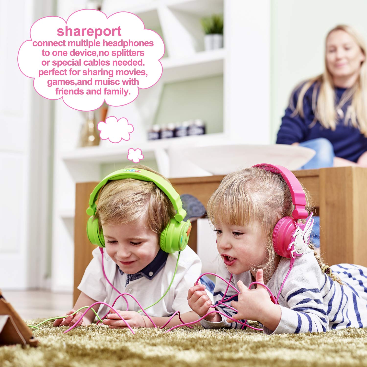 Wired Headphones for Kids/Teens/Adult, Adjustable Headband, Stereo Sound, Foldable with 3.5mm Jack for iPad Cellphones Computer MP3/4 Kindle Airplane School with Sharing Port