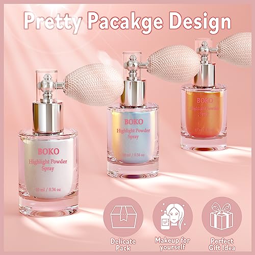 BOKO Highlighter Powder Spray, Cosmetic Grade Body Shimmer Spray High Gloss Diamond Highlight Glitter Magic Powder Makeup Sparkle Glitter Hairspray Rave Accessories for Women Face Paint Hair Clothes