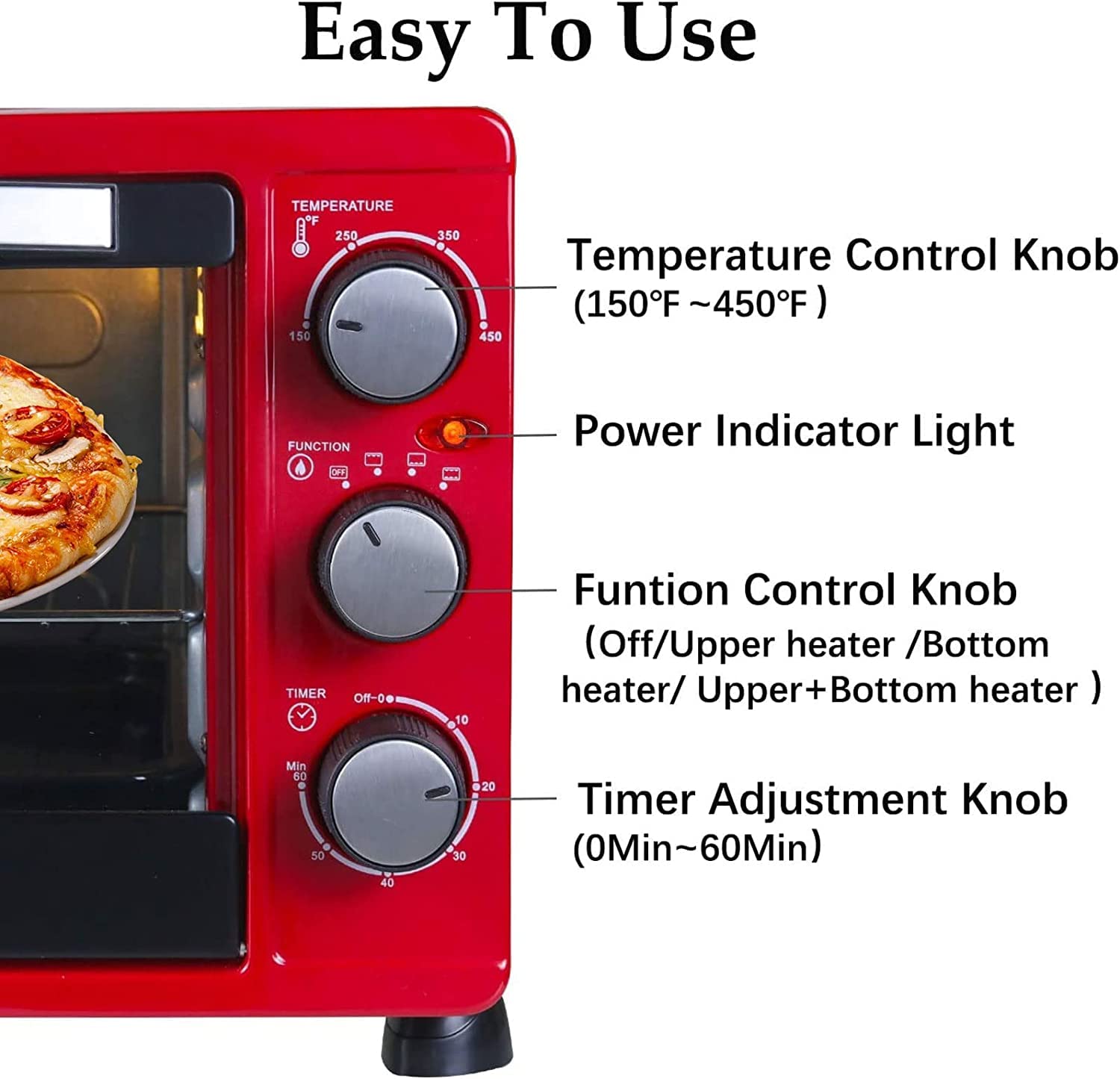 6-Slice Timer Convection Toaster Oven - with Baking Pan Rack & Crumb Tray (Red)