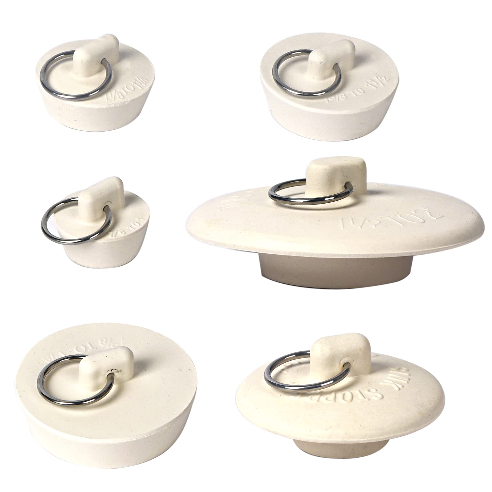 6 Pieces Rubber Sink Stopper, Drain Stopper Bath Tub Stopper with Pull Ring, Kitchen Drain Plug Sink Plug, Bathroom Bath Plugs, 6 Sizes(White)