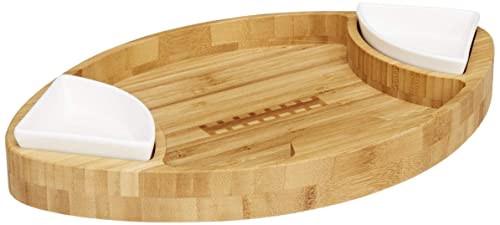 Prairie Collections Football Shaped Bamboo Serving Tray (10" x 16" x 2.5β) Includes 2 Dip Trays - Large Chip Serving Dish for Parties