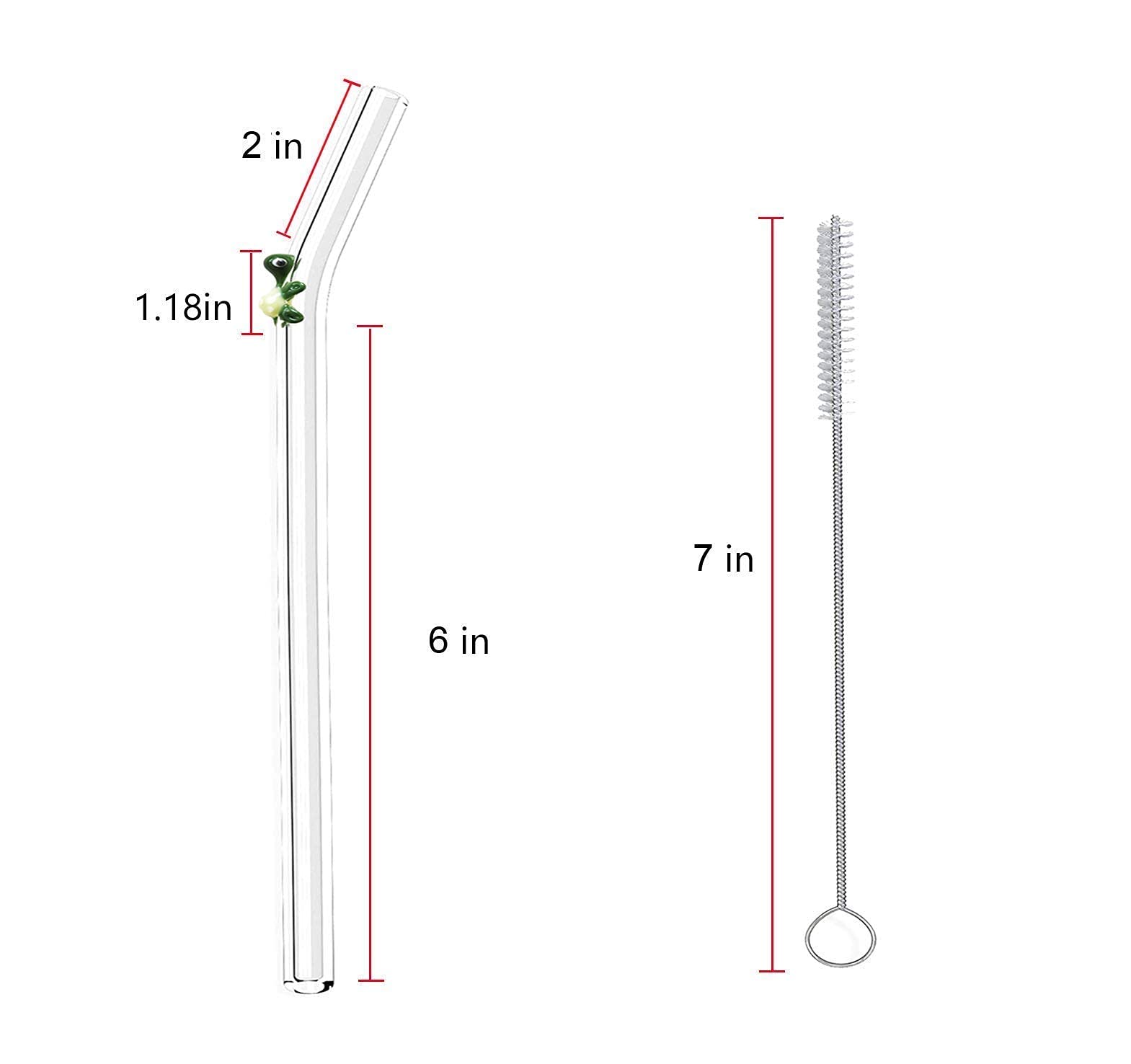 3pcs Reusable Glass Straws Green Turtle on Clear Bent Straw 8 in x 9 mm With Cleaning Brush, Perfect for Smoothies, Cocktails