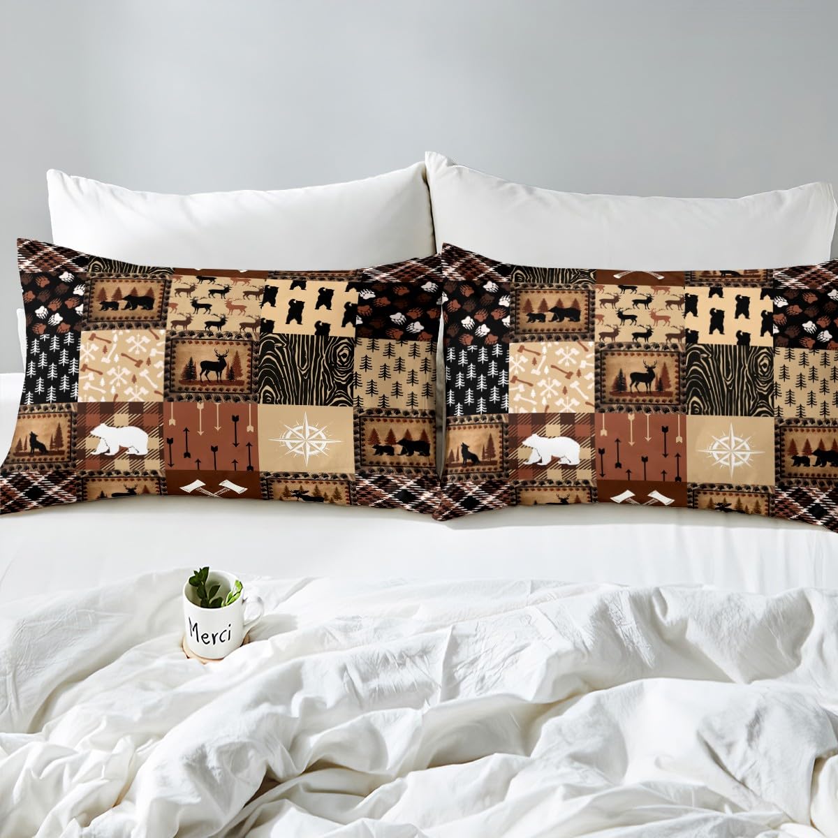 Bear Comforter Set Cute Elk Print Bedding Set for Teens Farmhouse Wild Animals Style Bedding Set Plaid Grid Geocmetric Brown Black Duvet Set Room Decor 2Pcs with 1 Pillow Case Twin Size