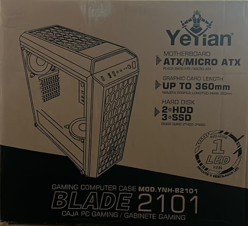 YEYIAN Blade 2101 Gaming PC Case, Acrylic Mid Tower ATX/Micro ATX, LED Fans, SPCC Chassis, Metal Mesh Air Flow, 3 USB/Audio Ports, 16.33"x7.08"x18.85", ROHS CE Certified, Black