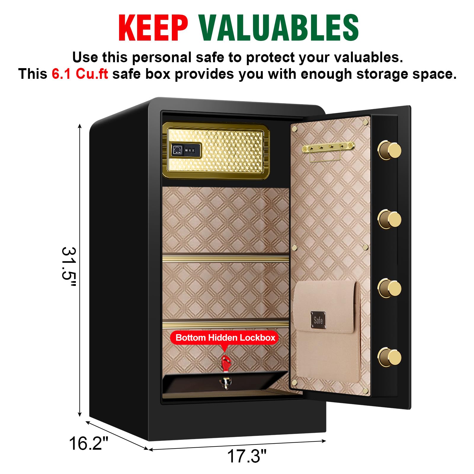 6.1 Cu ft Extra Large Home Safe Fireproof Waterproof, Anti-Theft Digital Home Security Safe Box With Hidden Compartment, Double Safes, Separate Lock Box and Led Light(31.1" x 17.0" x 15.9")