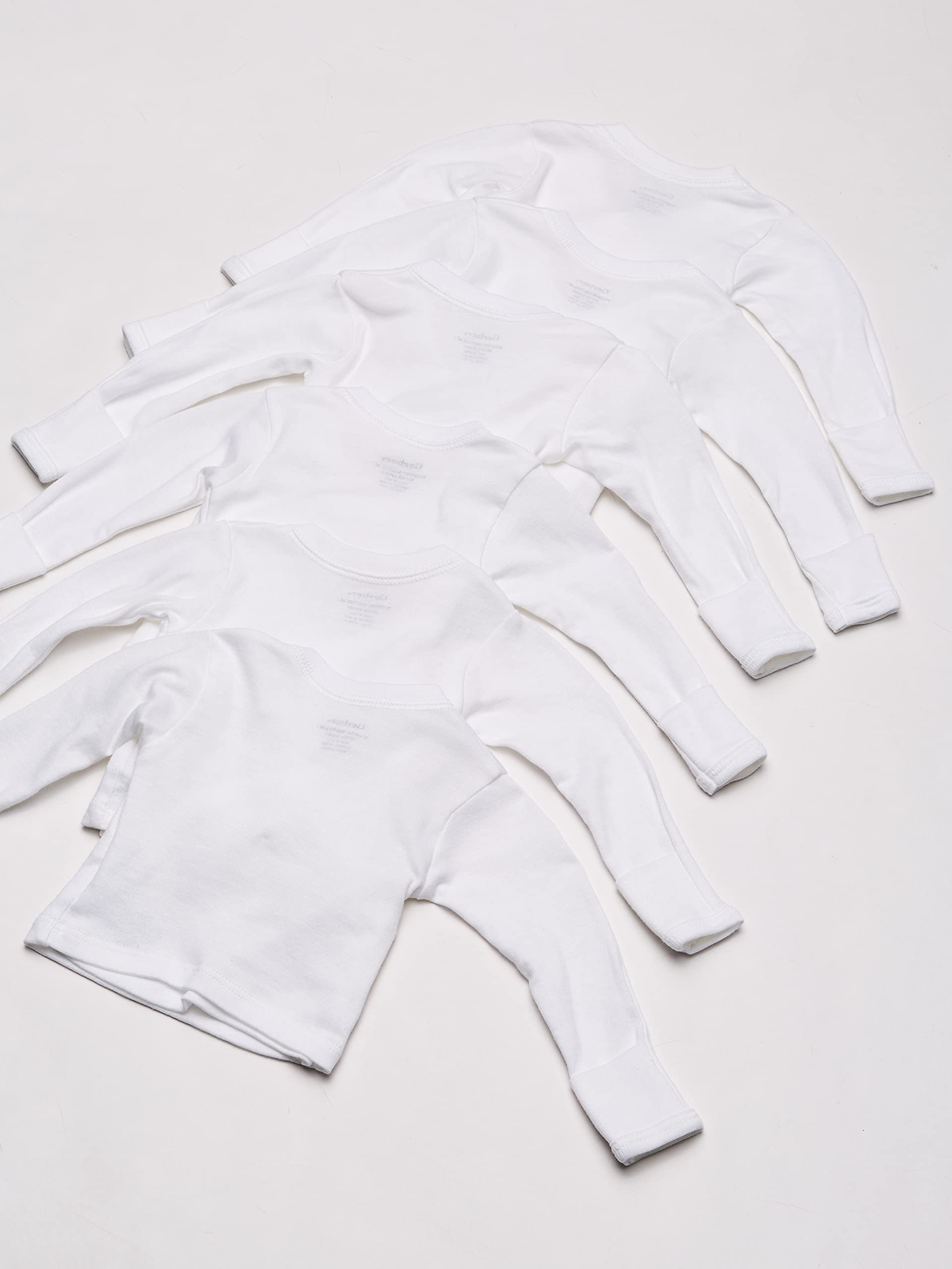 Gerber Baby 6-Pack Long-Sleeve Side-Snap Mitten-Cuff Shirt, White, Newborn