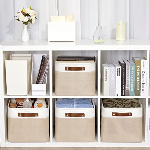 DULLEMELO Fabric Storage Bins for Laundry, Home, Foldable Storage Baskets for Shelves, Toys, Collapsible Storage Bins for Office, Closet,Bedroom(White&Khaki,15"x11"x9.5",4-Pack)