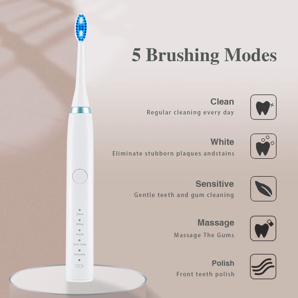 Sonic Electric Toothbrush Rechargeable for Adults, 2 Dupont Brush Heads & Travel Case Toothbrush Box, USB Charging Last 30 Days 5 Modes 3 Intensities Smart Timer (239 White)